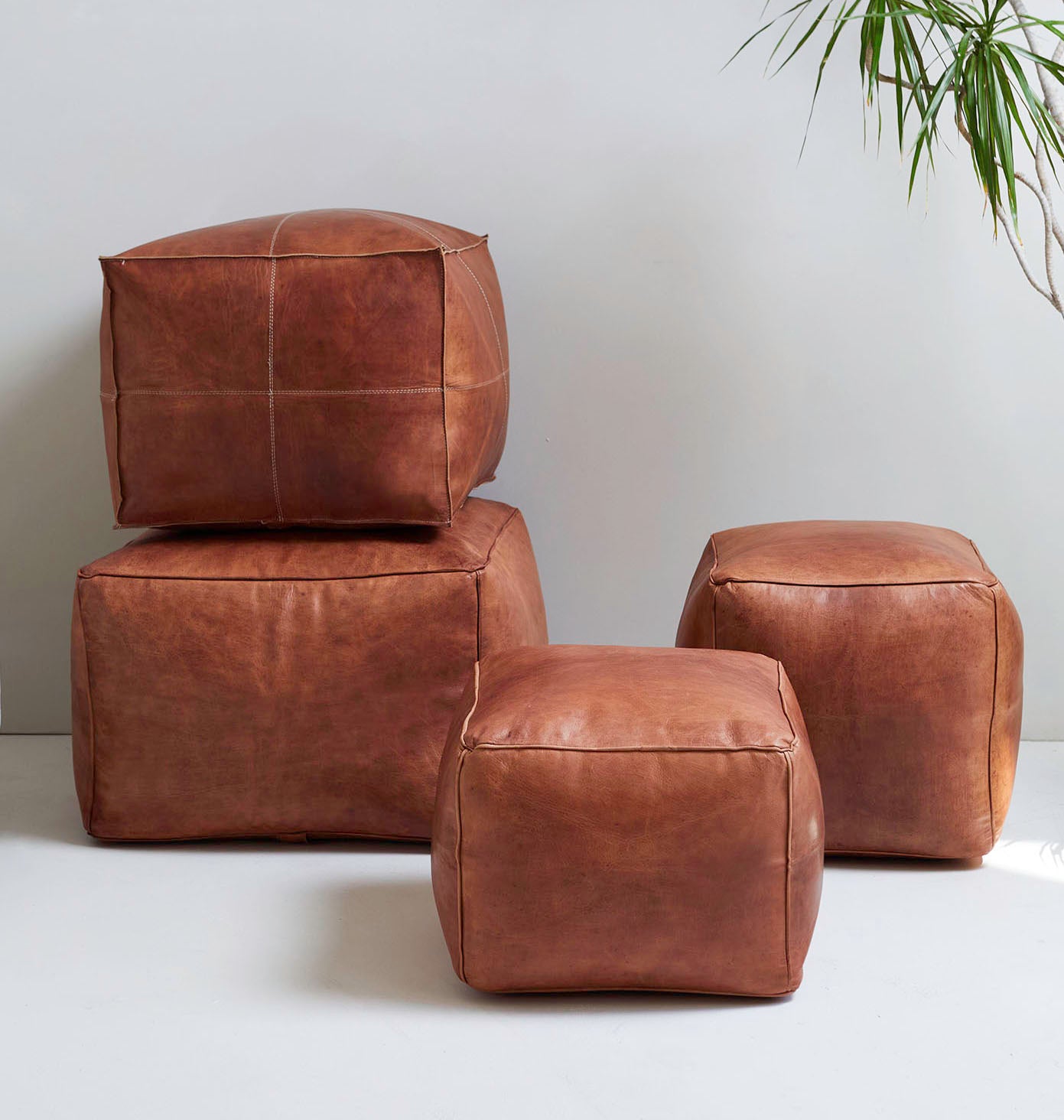 Cube Leather Ottoman Pouf Earth Small Piping